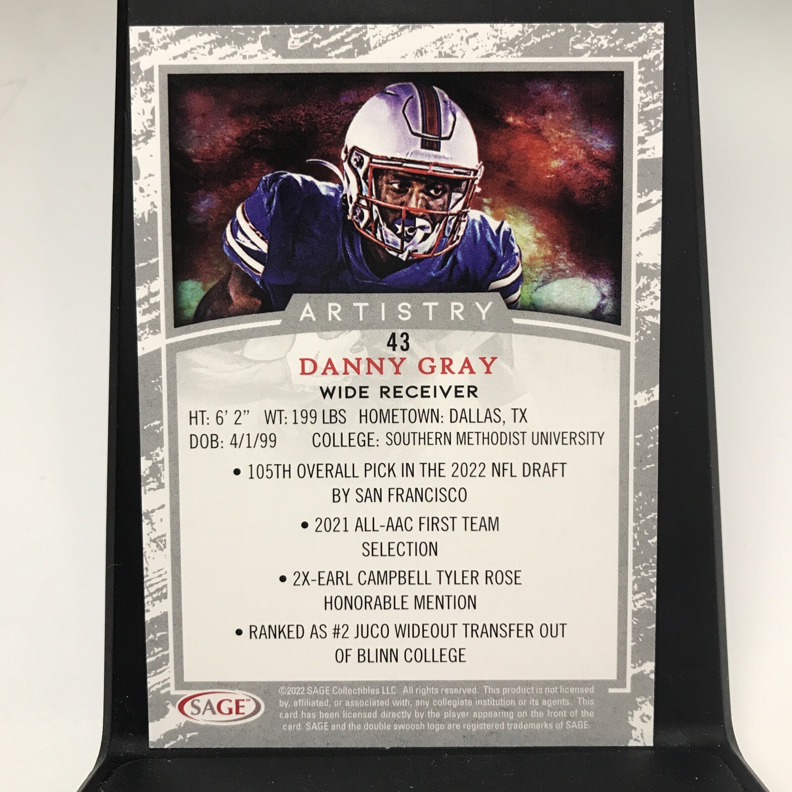 2022 SAGE ARTISTRY ~ DANNY GRAY #43 ~ RC ROOKIE CARD ~ SMU MUSTANGS ...