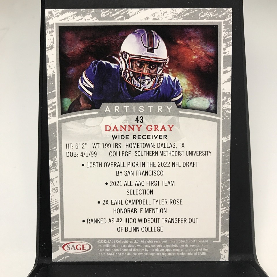 2022 SAGE ARTISTRY ~ DANNY GRAY #43 ~ RC ROOKIE CARD ~ SMU MUSTANGS ...