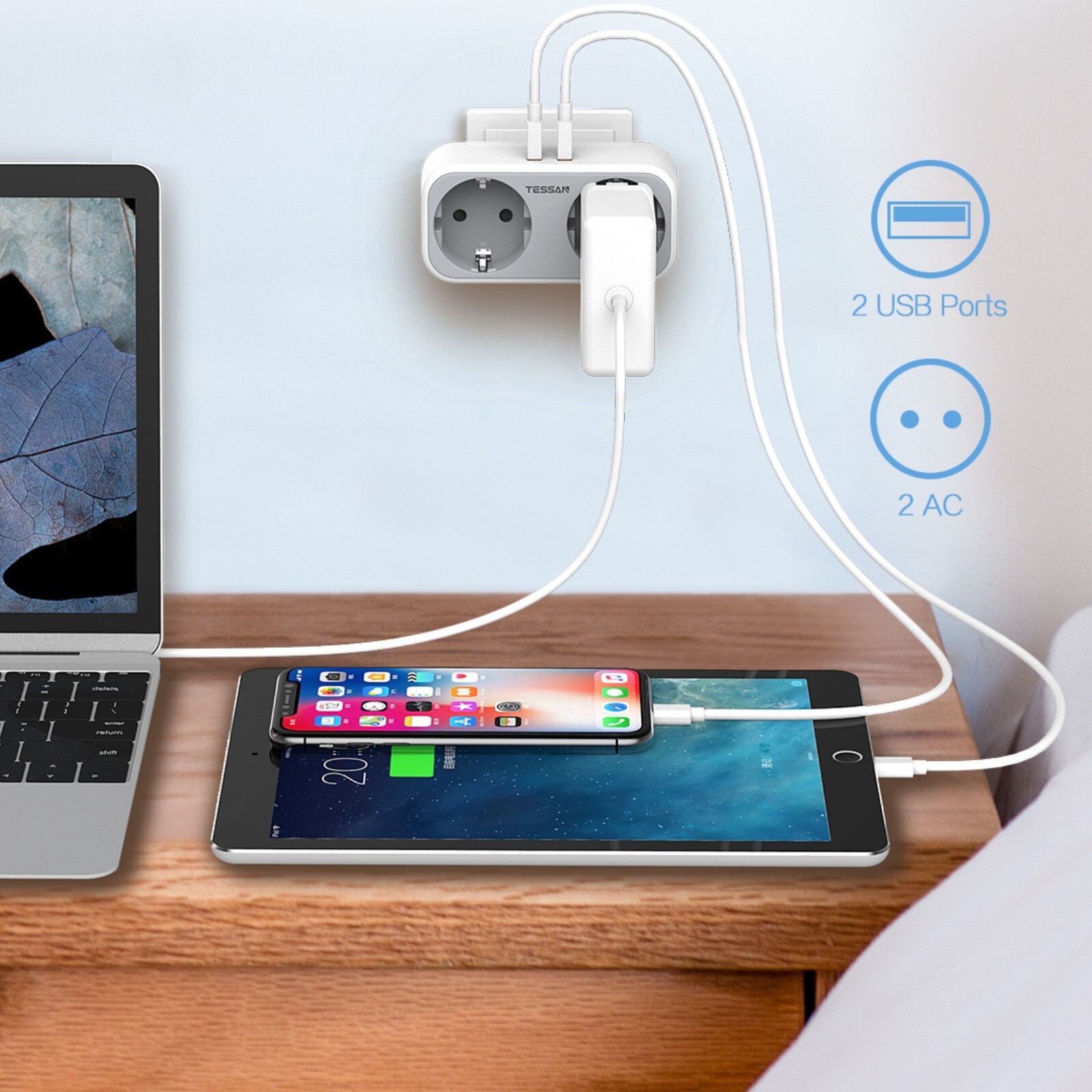 2-fach Mehrfachsteckdose Steckdose Adapter mit 2x USB Wandmontage ...