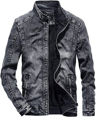Men Casual Distressed Fleece Lined Denim Jacket Motorcycle Full Zip Up ...