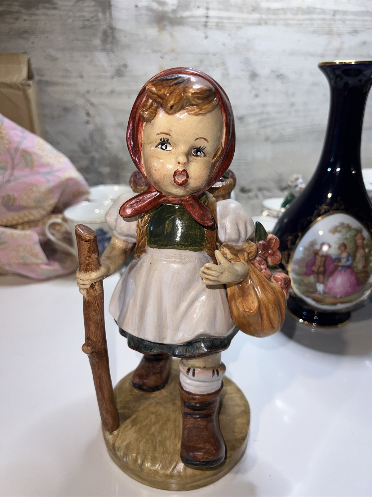 Large Hummel Style Figurine of Girl with Walking Stick and Basket Of ...