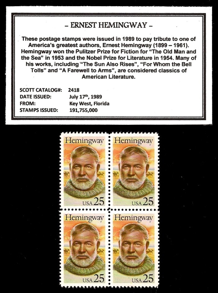 1989 - ERNEST HEMINGWAY - #2418 Mint -MNH- Block of Four Postage Stamps ...