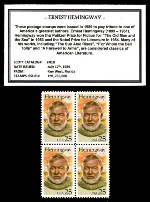 1989 - ERNEST HEMINGWAY - #2418 Mint -MNH- Block of Four Postage Stamps ...