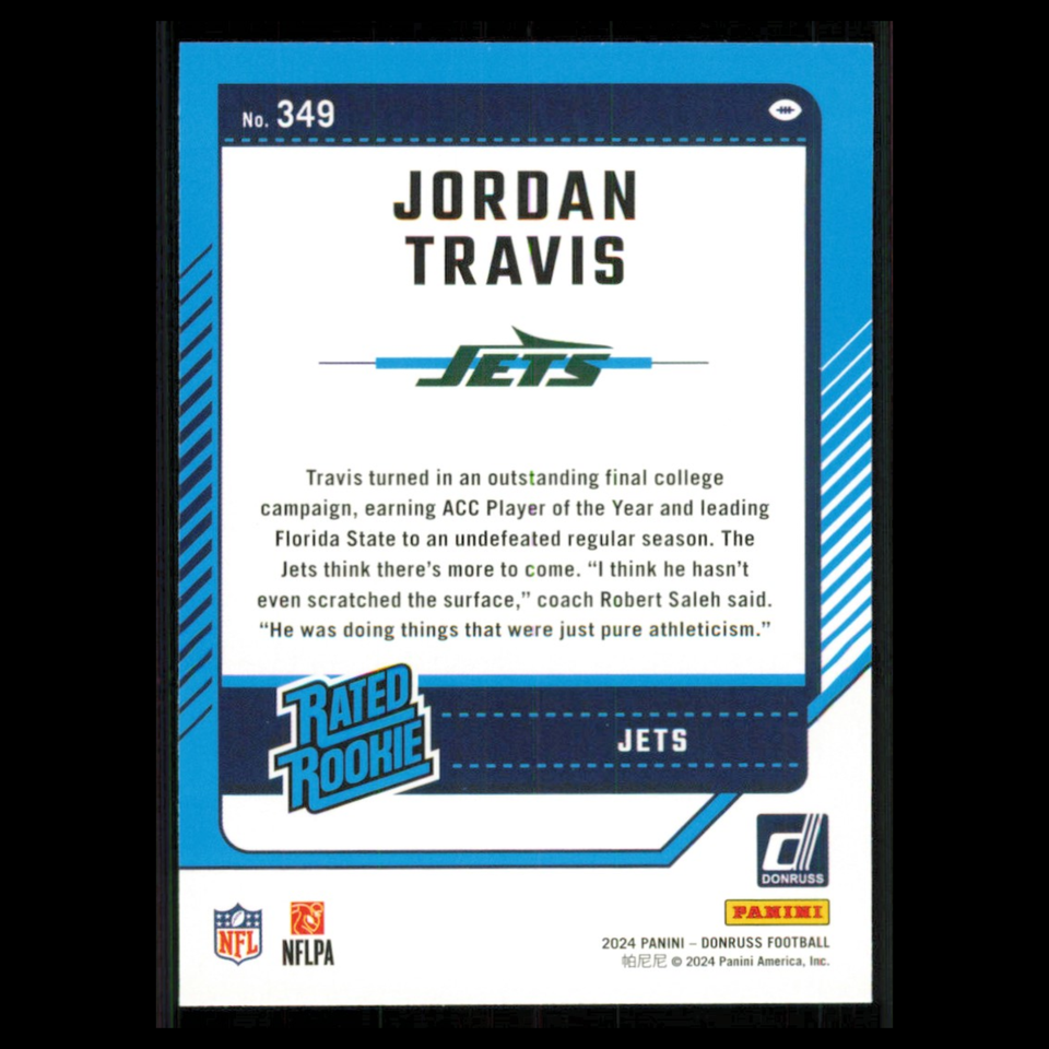 Jordan Travis Rookie #349 2024 Donruss New York Jets Football Card NFL ...