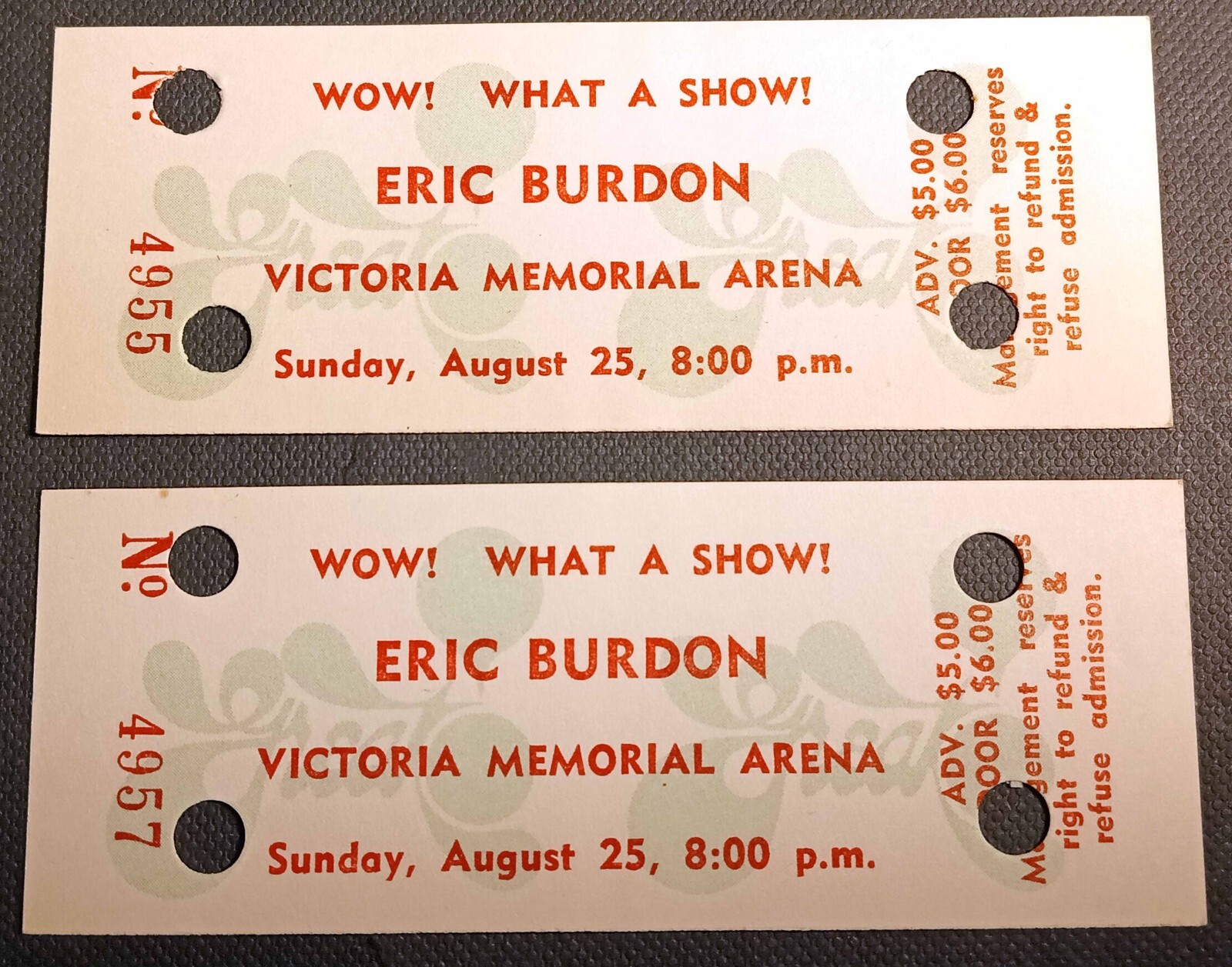 LOT of 2 ERIC BURDON Ticket Stubs August 25 Victoria Memorial Arena ...
