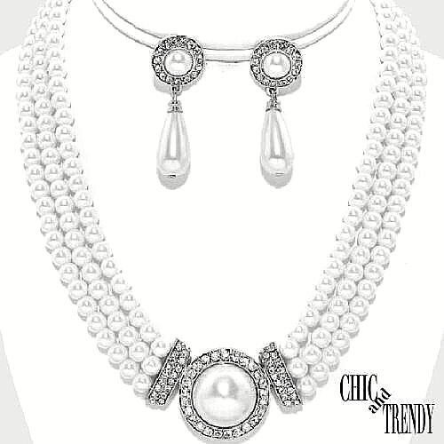 CLASSIC WHITE PEARL & CRYSTAL WEDDING FORMAL BRIDAL PROM NECKLACE ...