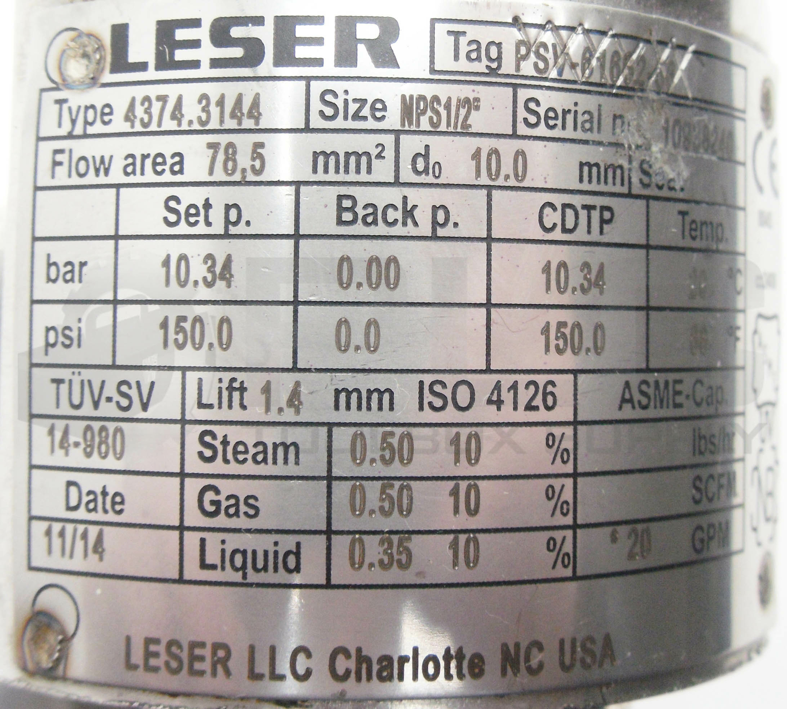 LESER 4374.3144 SAFETY RELIEF VALVE SIZE NPS1/2 | eBay