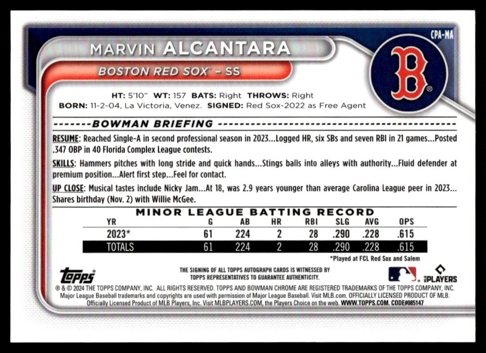 2024 Bowman Chrome Mega Box Marvin Alcantara Auto 115/150 Boston Red ...
