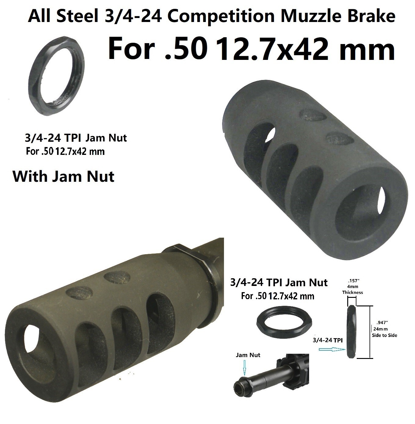 Steel 3/4-24 TPI Competition .50 12.7x42mm Muzzle Brake 3/4x24 TPI ...