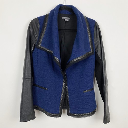 Vince Wool Blend Moto Leather Jacket Coat Raw Trim Drape Wide Lapel ...