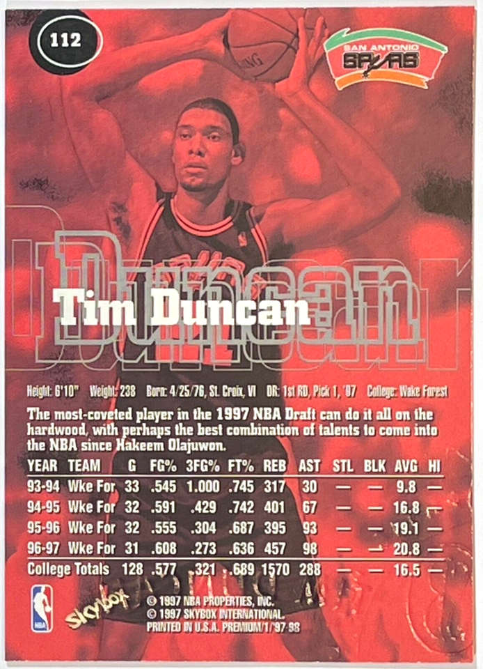 1997-98 Skybox Premium Tim Duncan Scoreboard Authentic Auto RC #112 | eBay