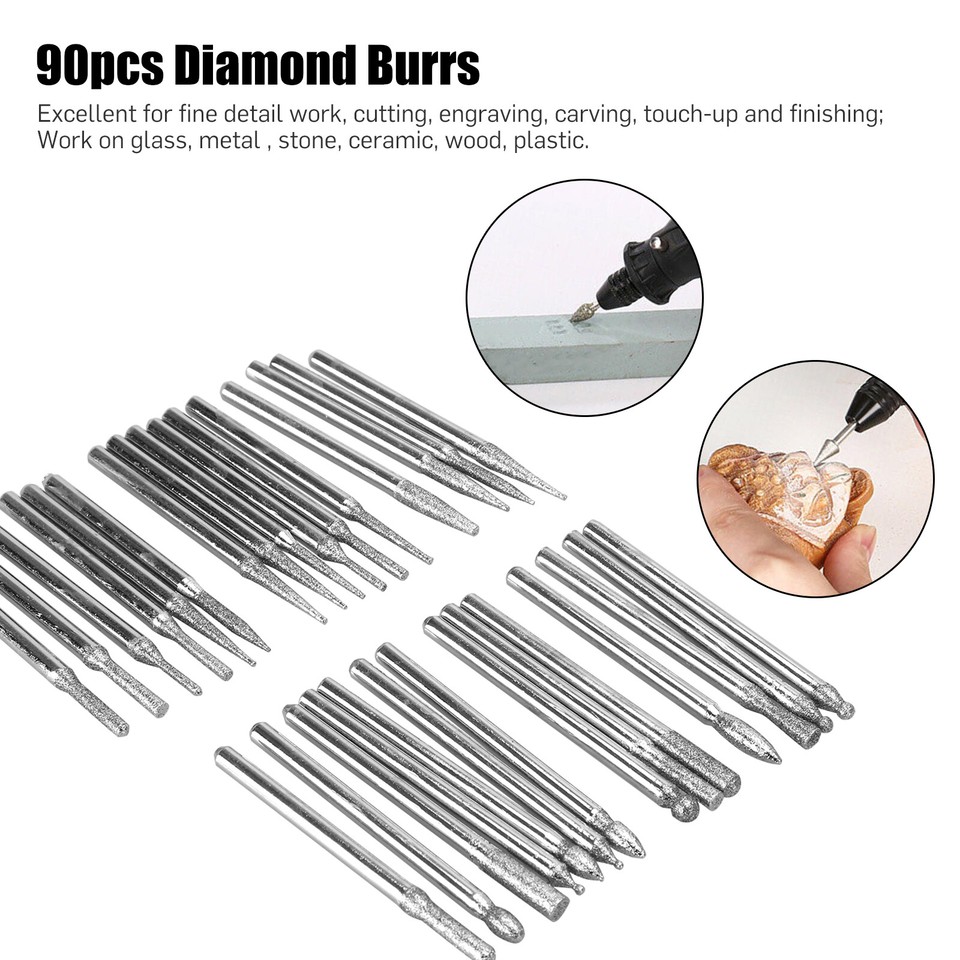 90 Pcs Diamond Burr Bits Drill Set Rotary Multi Tool Accessories Kit ...