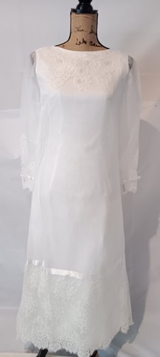 1970s Edwardian style white bridal formal wedding gown shift dress size ...