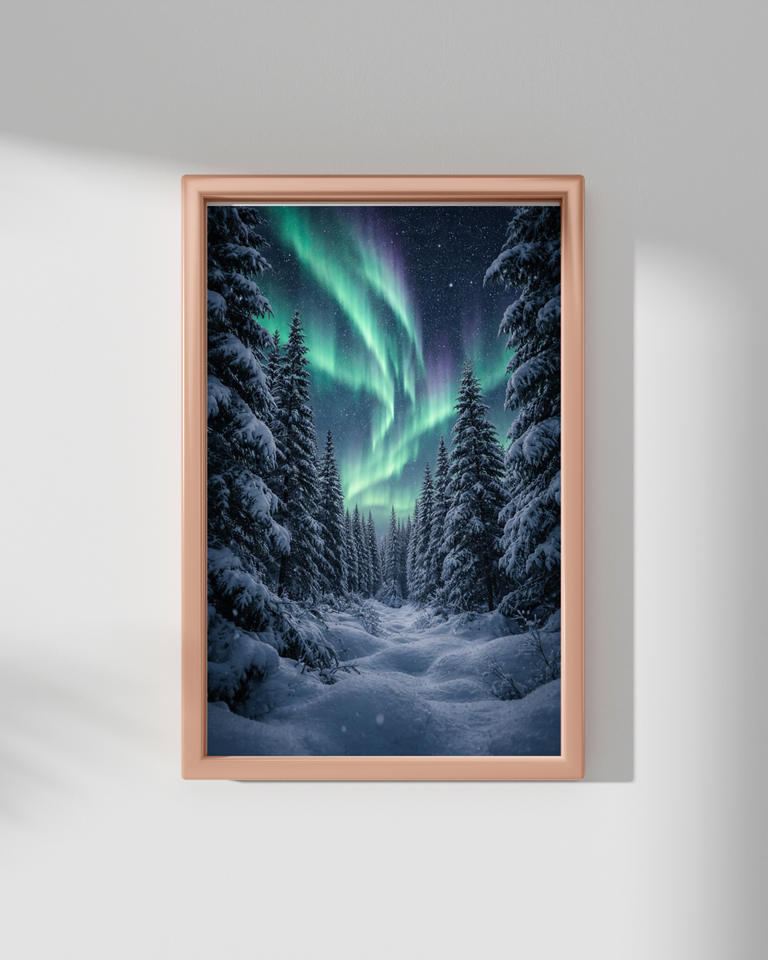 Aurora Borealis Snowy Forest Poster – Northern Lights Winter Woodland ...