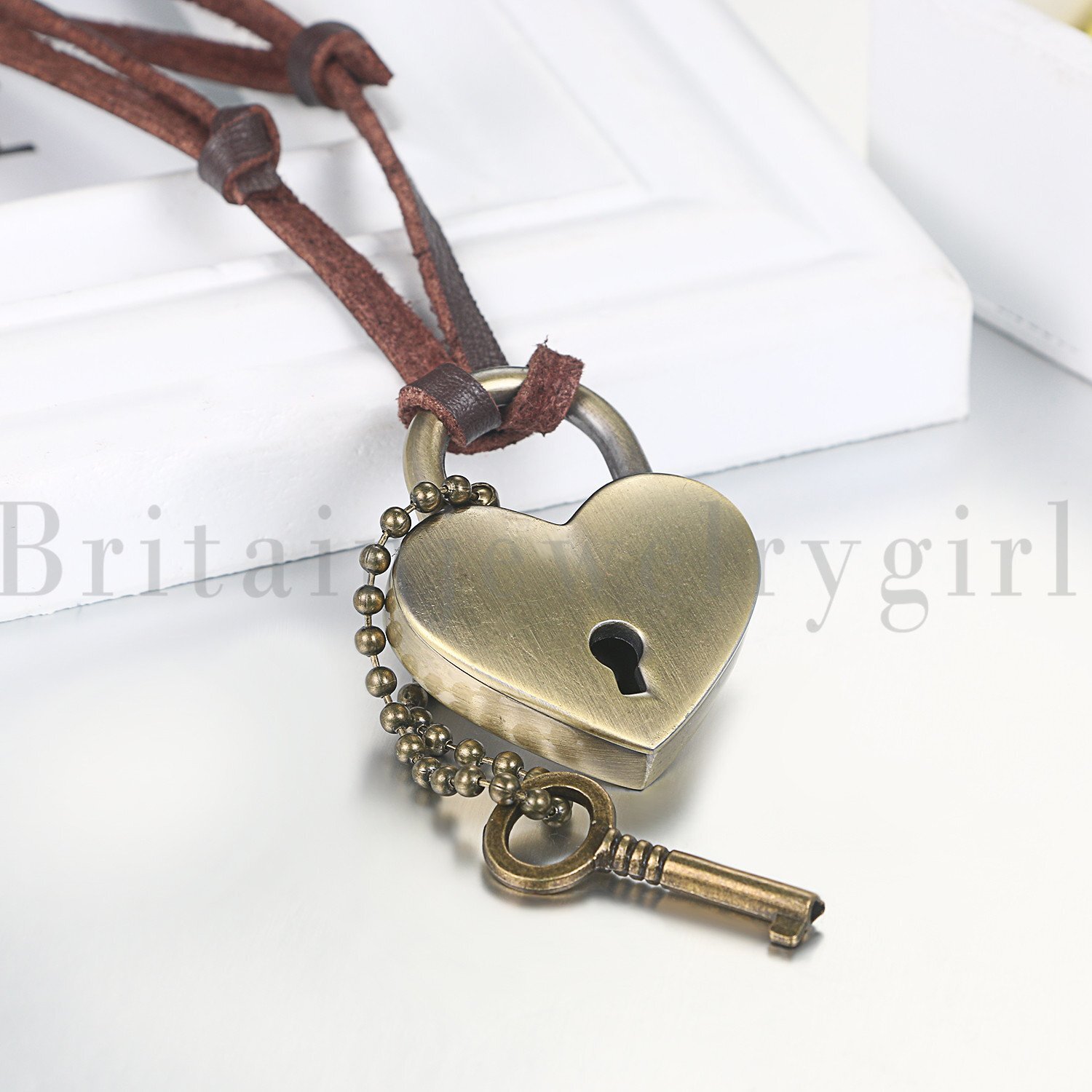 Mens Ladies Heart Locket Keys Pendant Adjustable Brown Leather Cord ...