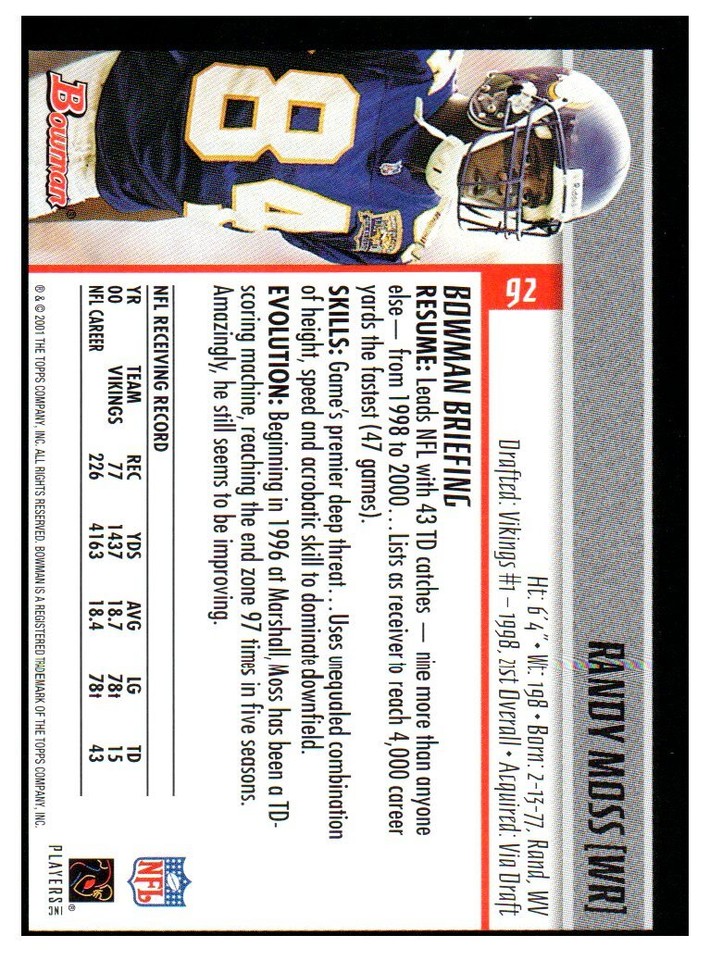 2001 Bowman #92 Randy Moss MT-NRMT | eBay