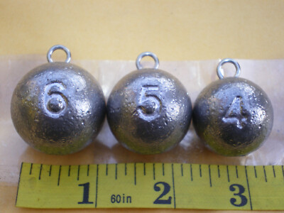 3 PCS. CANNON BALL SINKERS 6,5,4 OZ. W/#2 STAINLESS S. WIRE EYE 1 EA. G ...