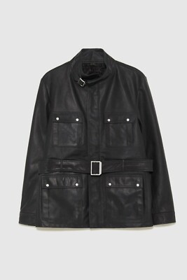 New Zara Field Military Biker Leather Jacket Black S L XL New Zara Field Military Biker Leather Jacket Black S L XL