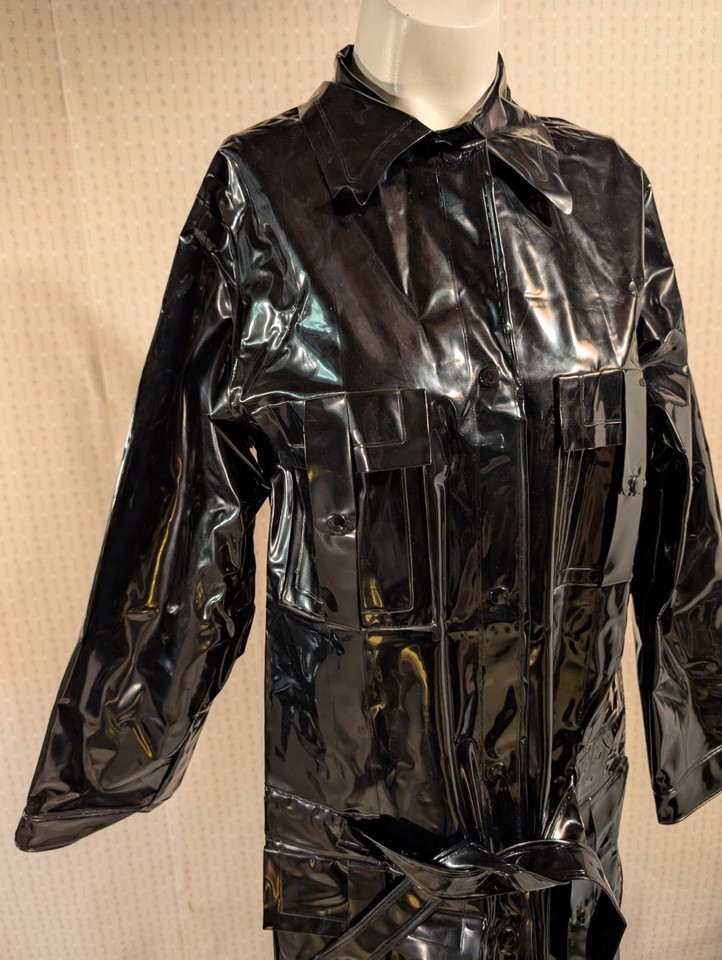 Vintage Whimsigoth Vinyl Trench Coat S Black Cargo Glossy Belted Jacket ...