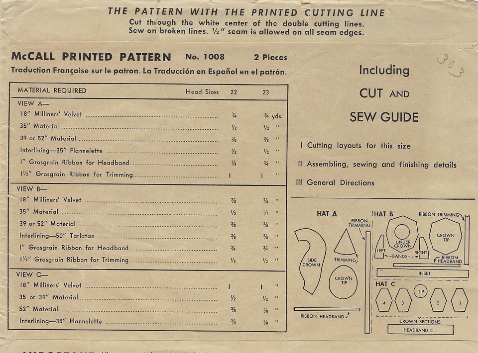 1942 WW2 Vintage Sewing Pattern HAT S22" (R131) | eBay