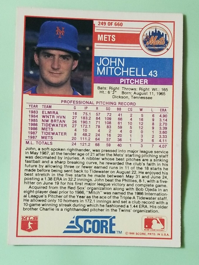 1988 Score New York Mets Baseball Card #249 John Mitchell Rookie | eBay