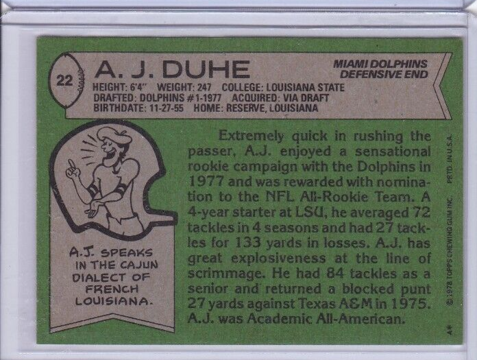 1978 Topps Football Card #22 A.J. DUHE DOLPHINS NRMT | eBay