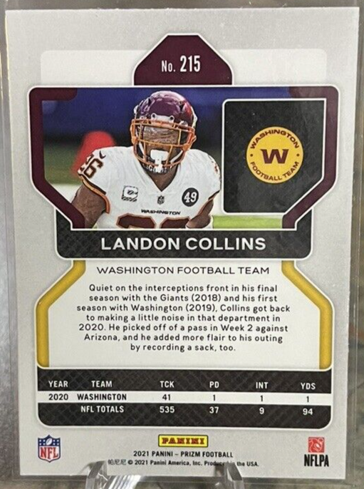 2021 Panini Prizm #215 LANDON COLLINS Washington Commanders BASE ...