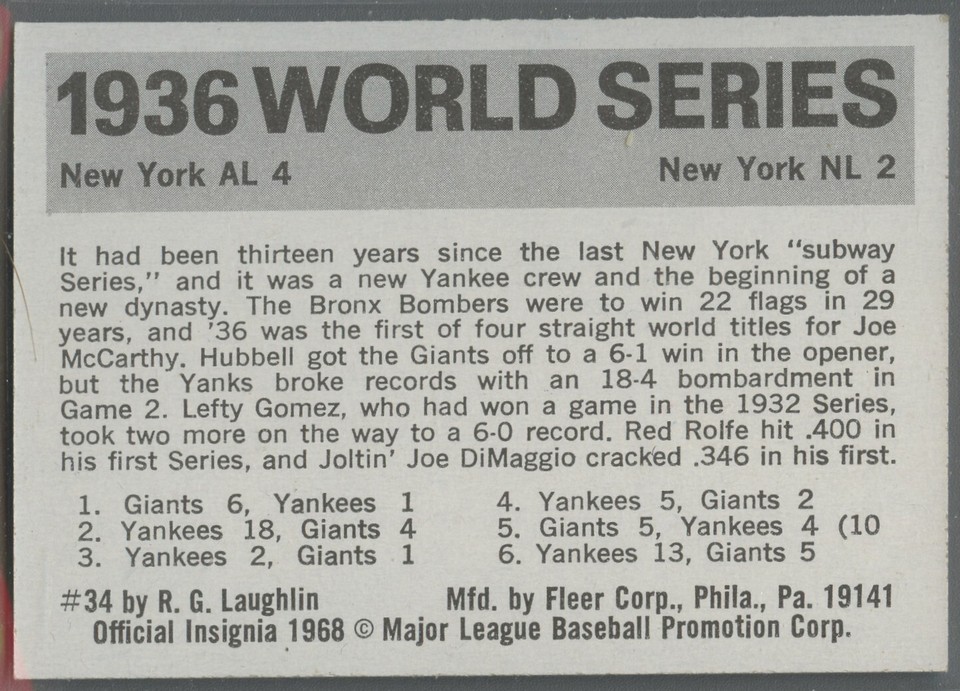 1971 Fleer World Series card #34 1936 NY Giants vs. New York Yankees ...