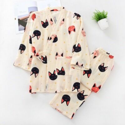 Chinese Japanese Cute Cats and Stars Yellow Long Ladies Kimono Pyjamas ...