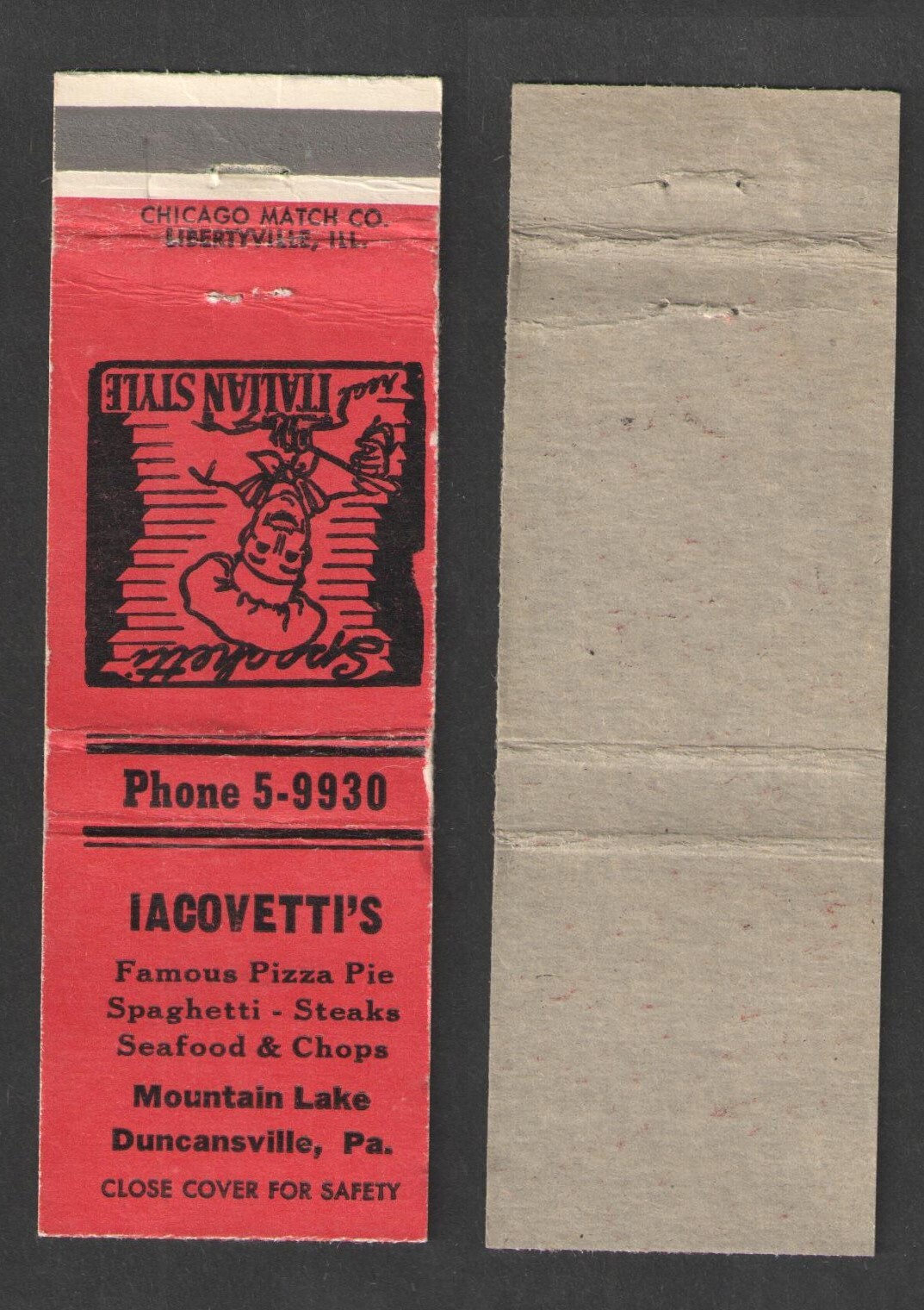 IACOVETTI'S FAMOUS PIZZA PIE { Phone 5-9930 } DUNCANVILLE PA MATCHBOOK ...