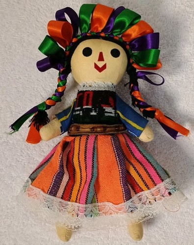 Handmade Mexican Lele Maria Rag Doll Black Hair Orange Green & Purple ...
