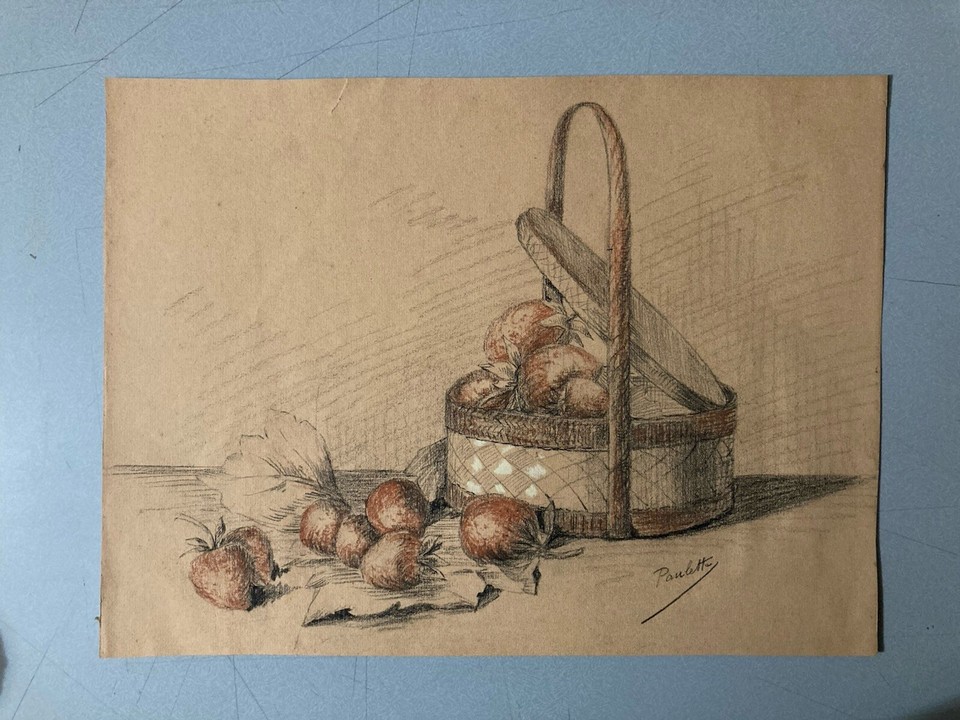 Schönes Gemälde 1950 Bleistift Papier Stillleben Obst- Art Korb Früchte ...