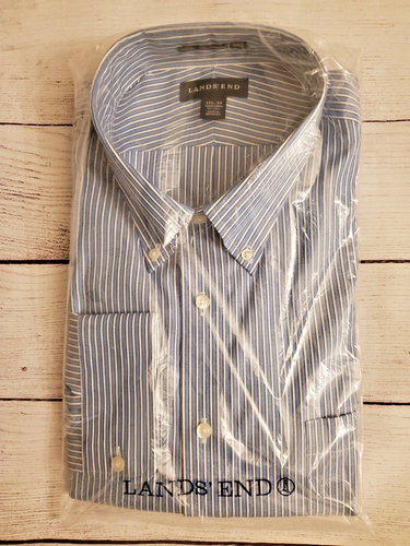 NEW Men's Lands End No Iron Pinpoint Oxford Blue / White Stripe Size 17 ...