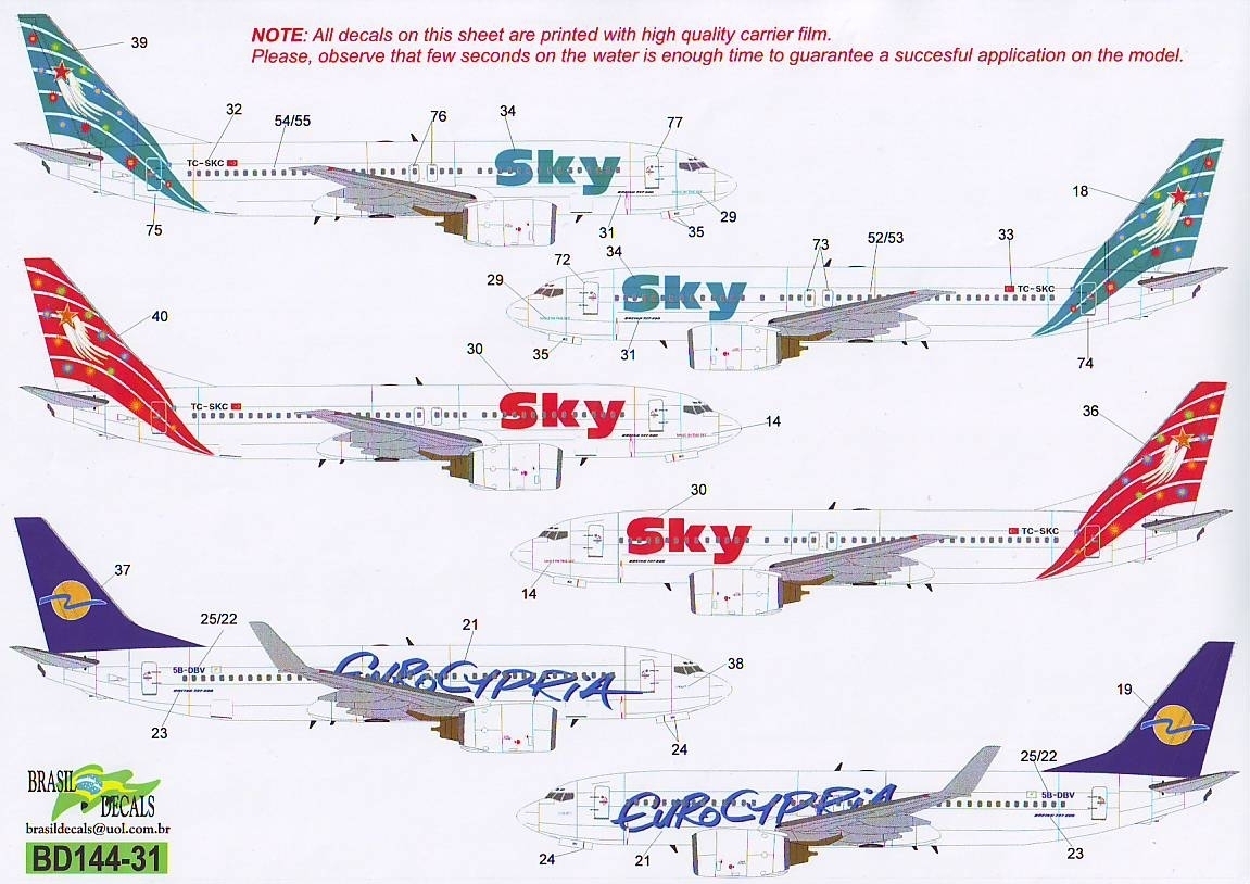 Boeing 737 Helios, Sky x2, Travel, Euro Cypria Brasil Decals BD144-31 1 ...