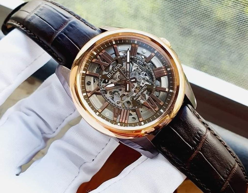 Bulova Rose Gold Sutton Automatic Skeleton Dial Leather Band Men's ...
