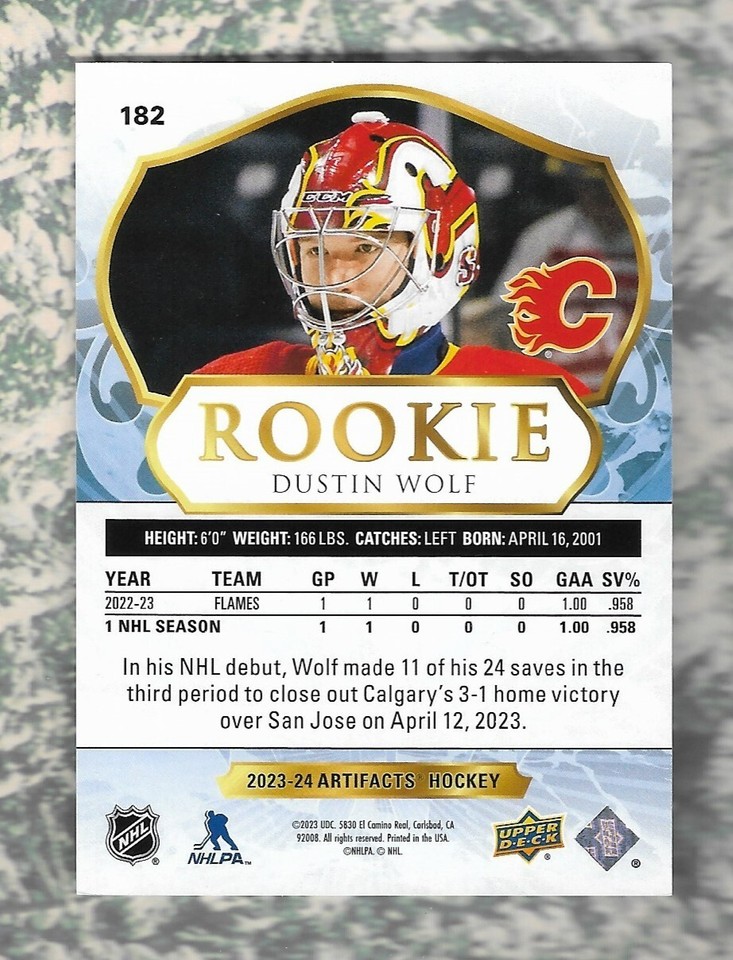 DUSTIN WOLF 2023-24 UPPER DECK ARTIFACTS SP ROOKIE RC #182 #'D 334/499 ...