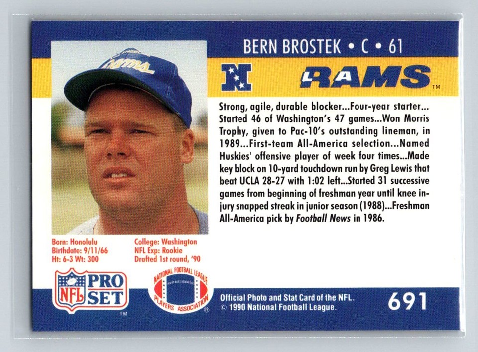 1990 Pro Set Rookie RC #691 Bern Brostek Los Angeles Rams Football Card ...