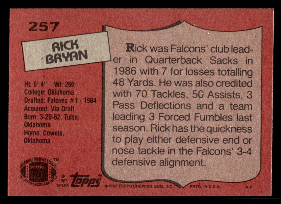 Rick Bryan 1987 Topps #257 Atlanta Falcons | eBay