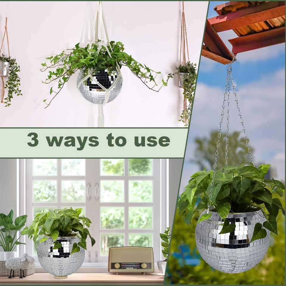8" Disco Ball Planter with Hanging Rope Hanging Chain & Hook & Ring ...