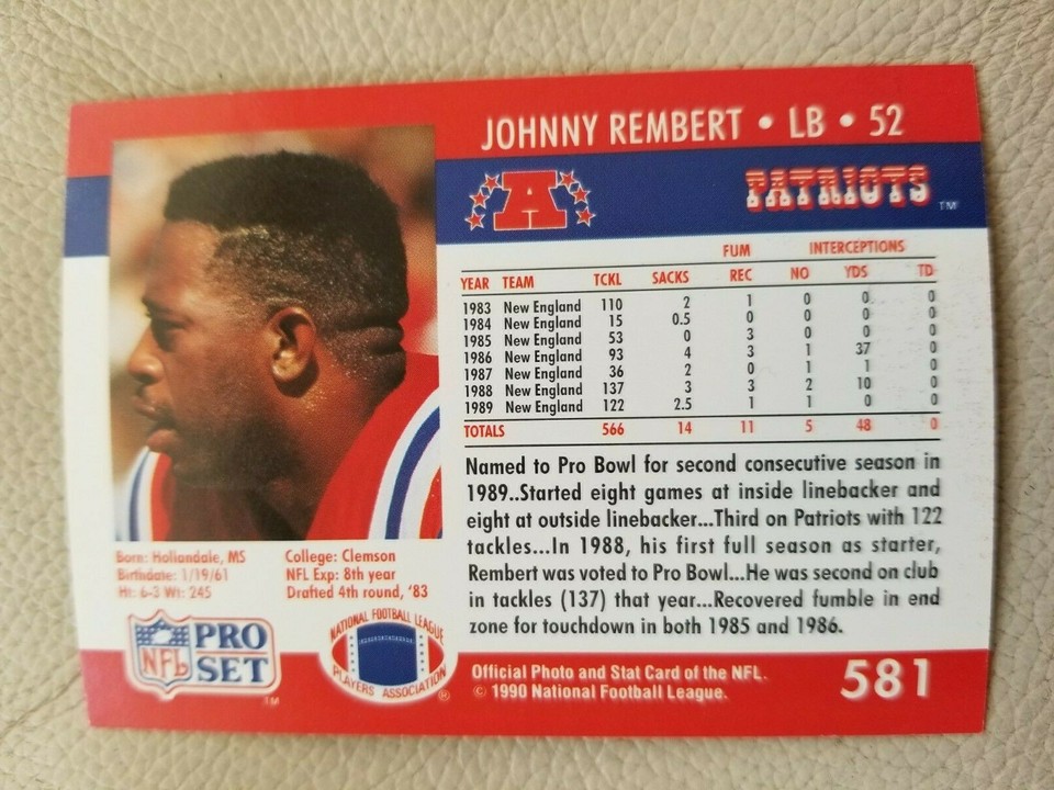 Johnny Rembert New England Patriots Linebacker Pro Set 1990 Card #581 ...