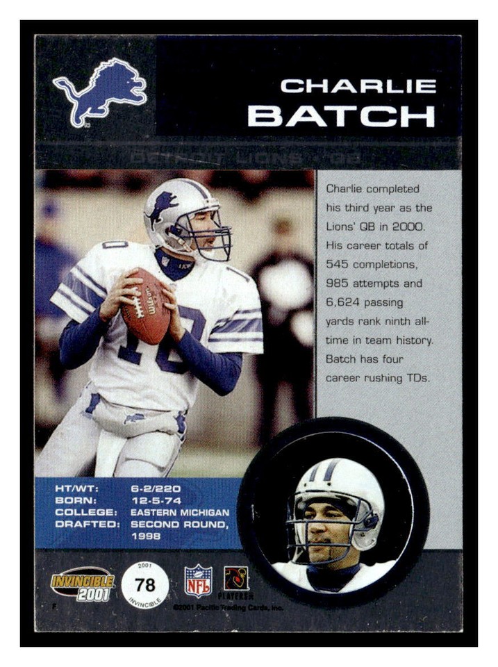 Charlie Batch 2001 Pacific Invincible 78 SN750 Red | eBay