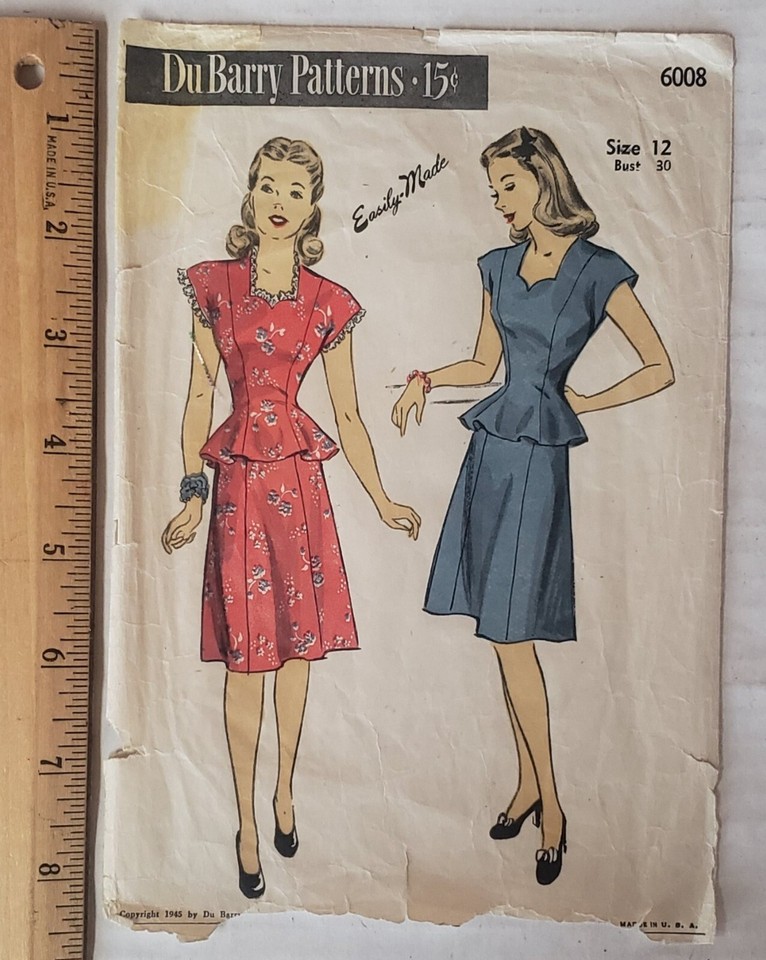 1945 Du Barry Dress Pattern #6008 USA sewing Top & Skirt COMPLETE ...