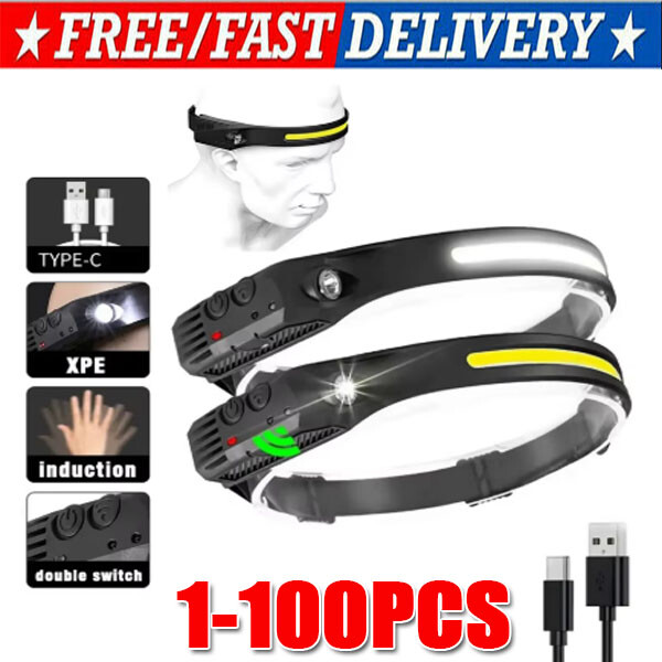 COB LED Headlamp USB Rechargeable Headlight Torch Work Light Bar Head ...