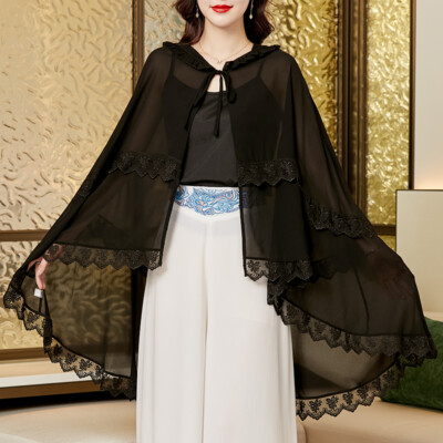 Women Chiffon Cloak Hooded Cape Shawl Wedding Bridal Sheer Ruffle Midi ...
