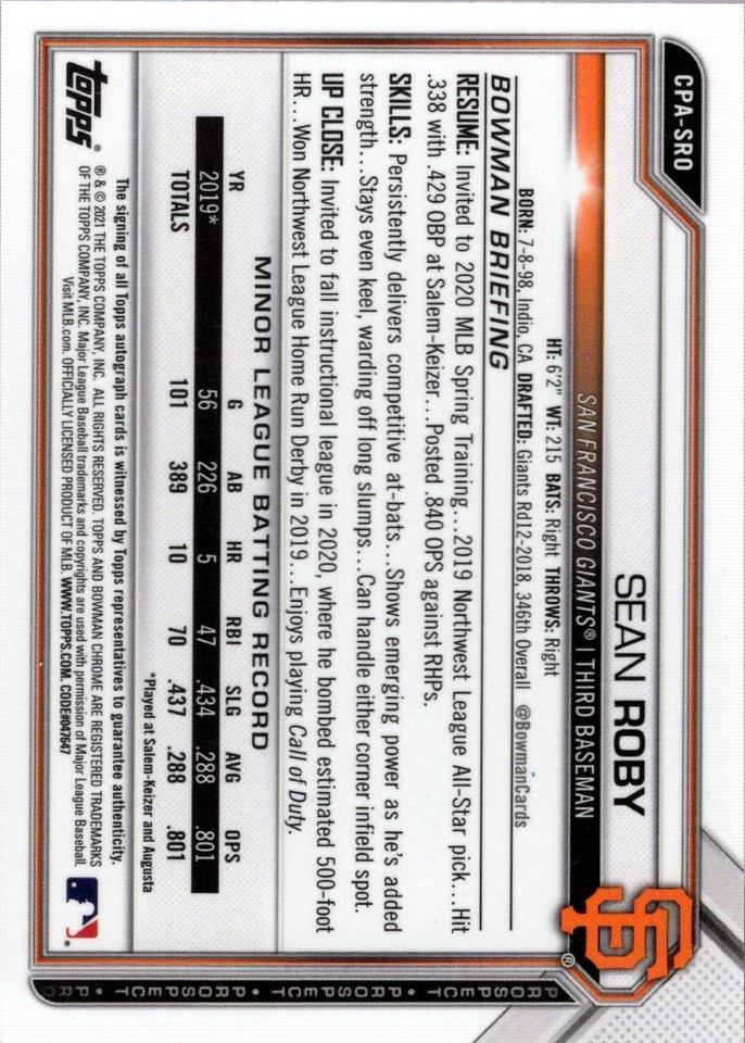 2021 Bowman Chrome Prospect Autographs #CPASRO Sean Roby Auto - NM-MT ...