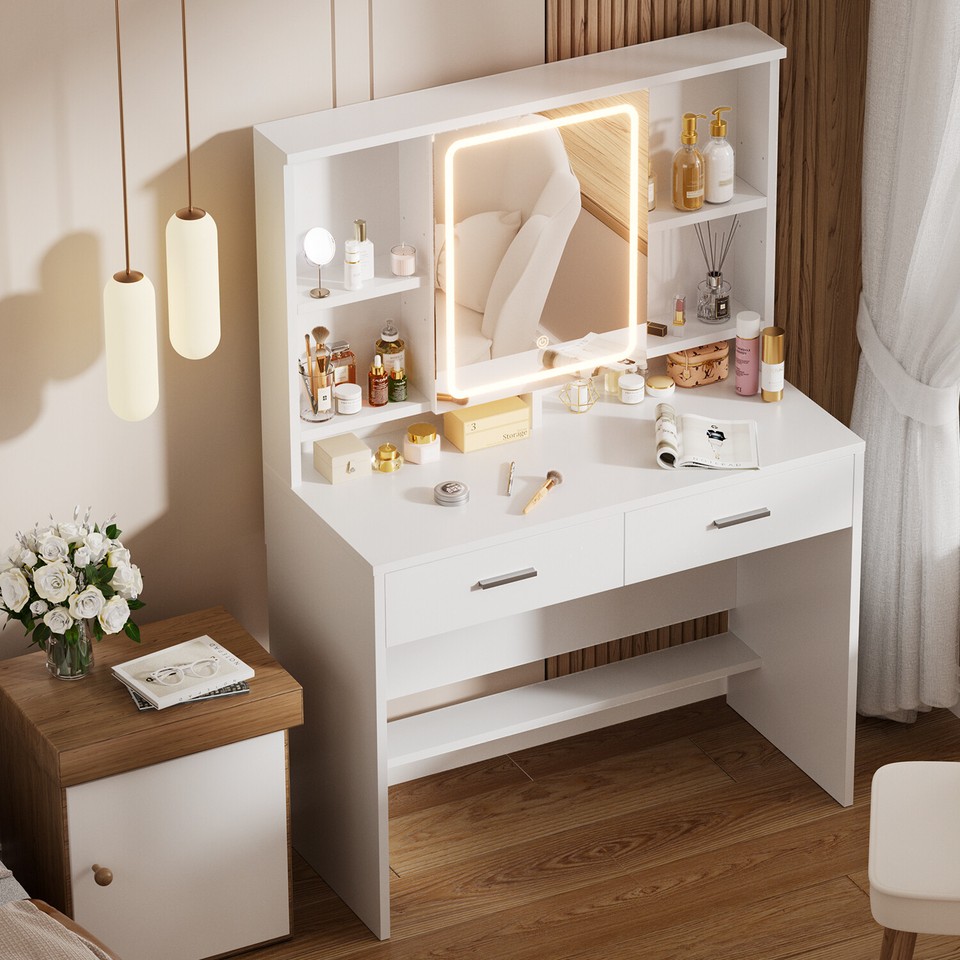 LED Light Dressing Table with 2 Drawers and 4 Open Shelves Vanity Table ...