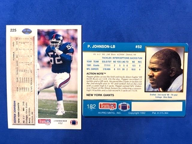 NFL - Pepper Johnson 1992 Upper Deck & 1992 Hi-Pro Action Packed ...