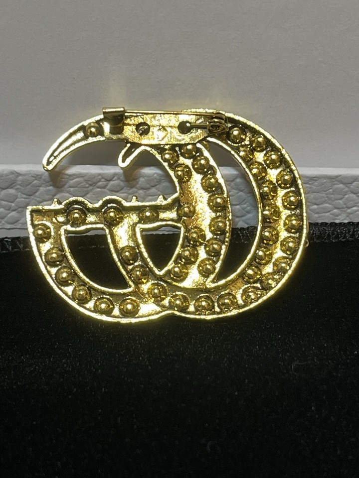 Double G Shaped Gold Tone Brooch Pin with Crystal Rhinestone | eBay