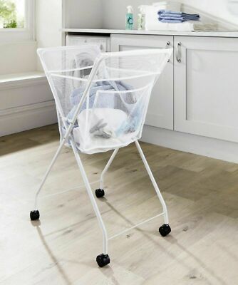 No Bend Folding Washing Basket Laundry Clothes Trolley Cart on Wheels ...