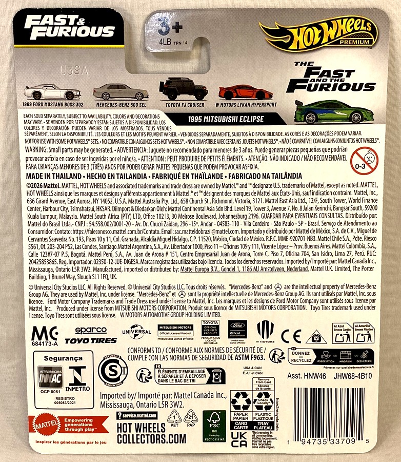 Mattel HOT WHEELS Premium FAST & FURIOUS 95 Mitsubishi Eclipse SHORT ...